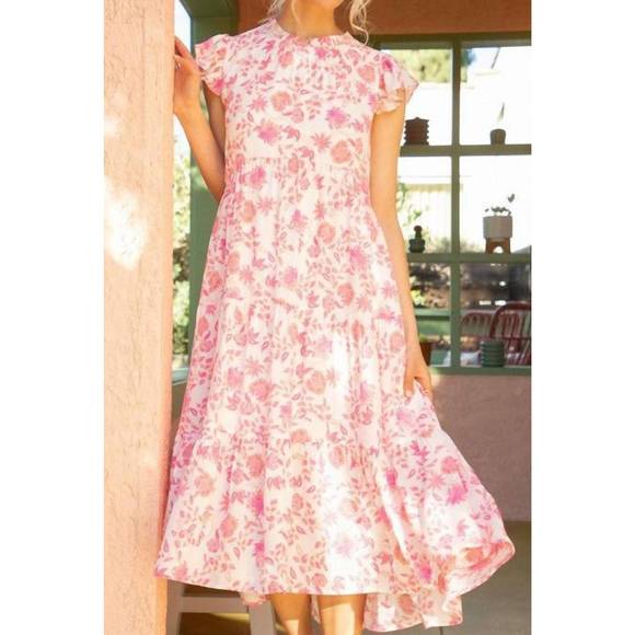 Voy | Dresses | New Voy Print Midi Dress In Pink Floral | Poshmark